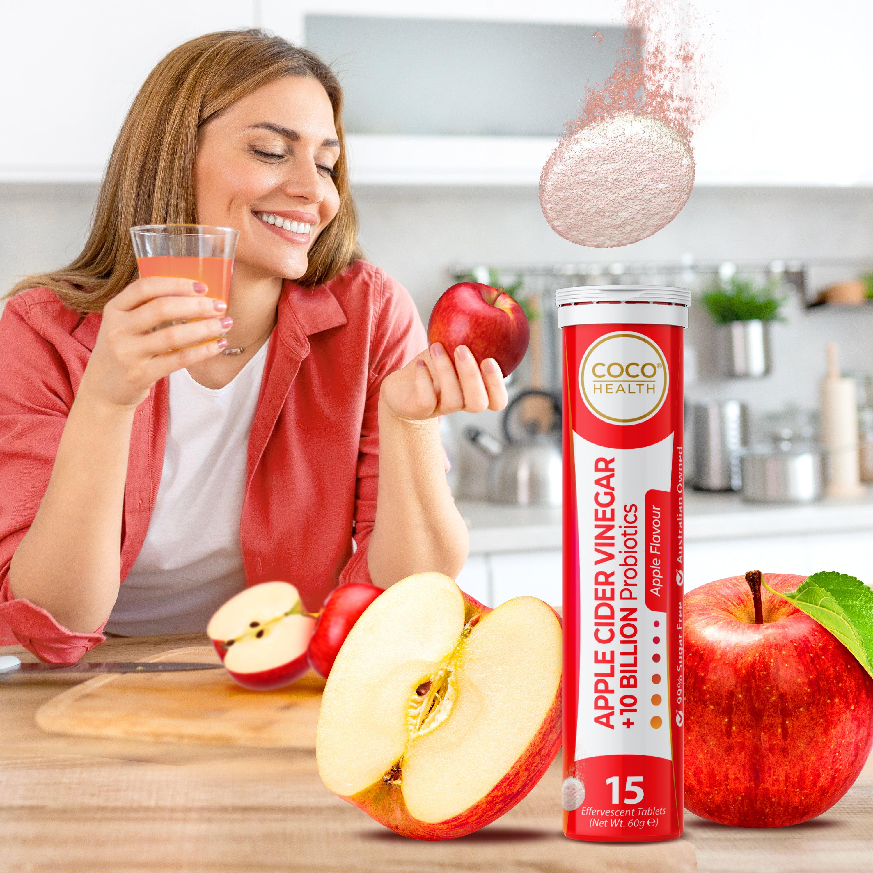 Apple Cider Vinegar + 10 Billion Probiotics Apple Effervescent 15 Tabl ...
