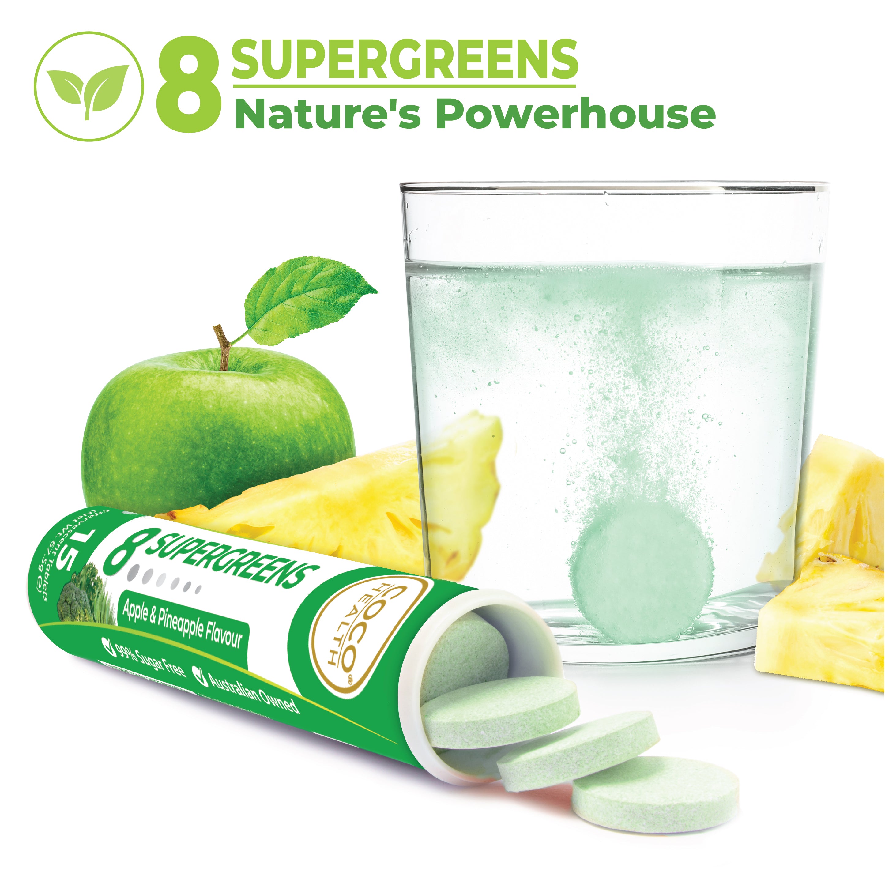 8 Supergreens Apple & Pineapple Effervescent 15 Tablets – Coco Health